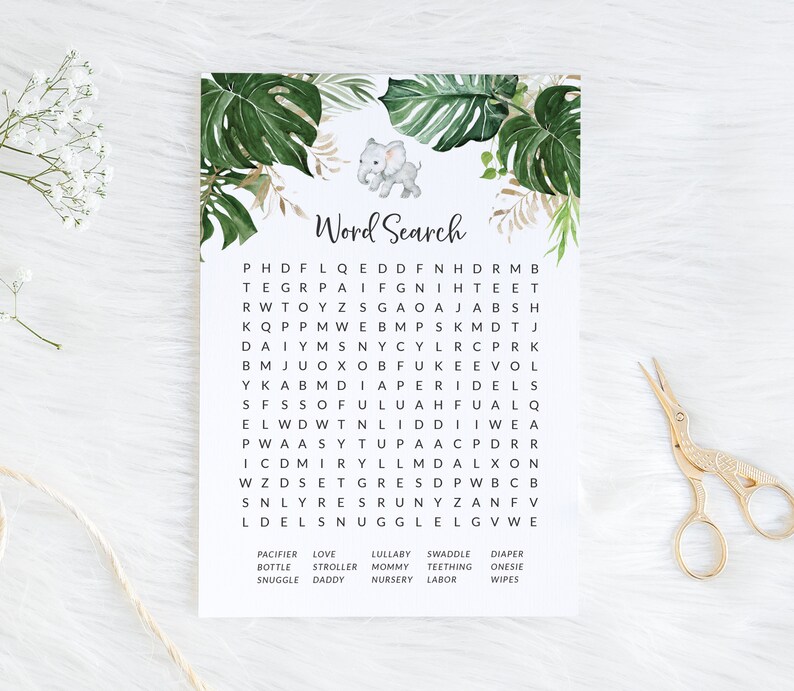 Baby Shower Word Search Printable Game - Elephant Themed Baby Shower ...