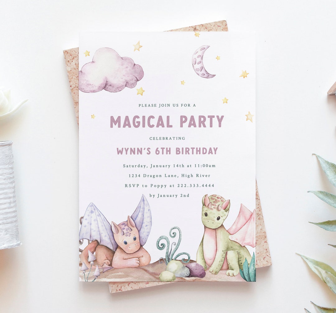 Girl Dragon Birthday Party Invite Printable Pastel Dragon Birthday ...