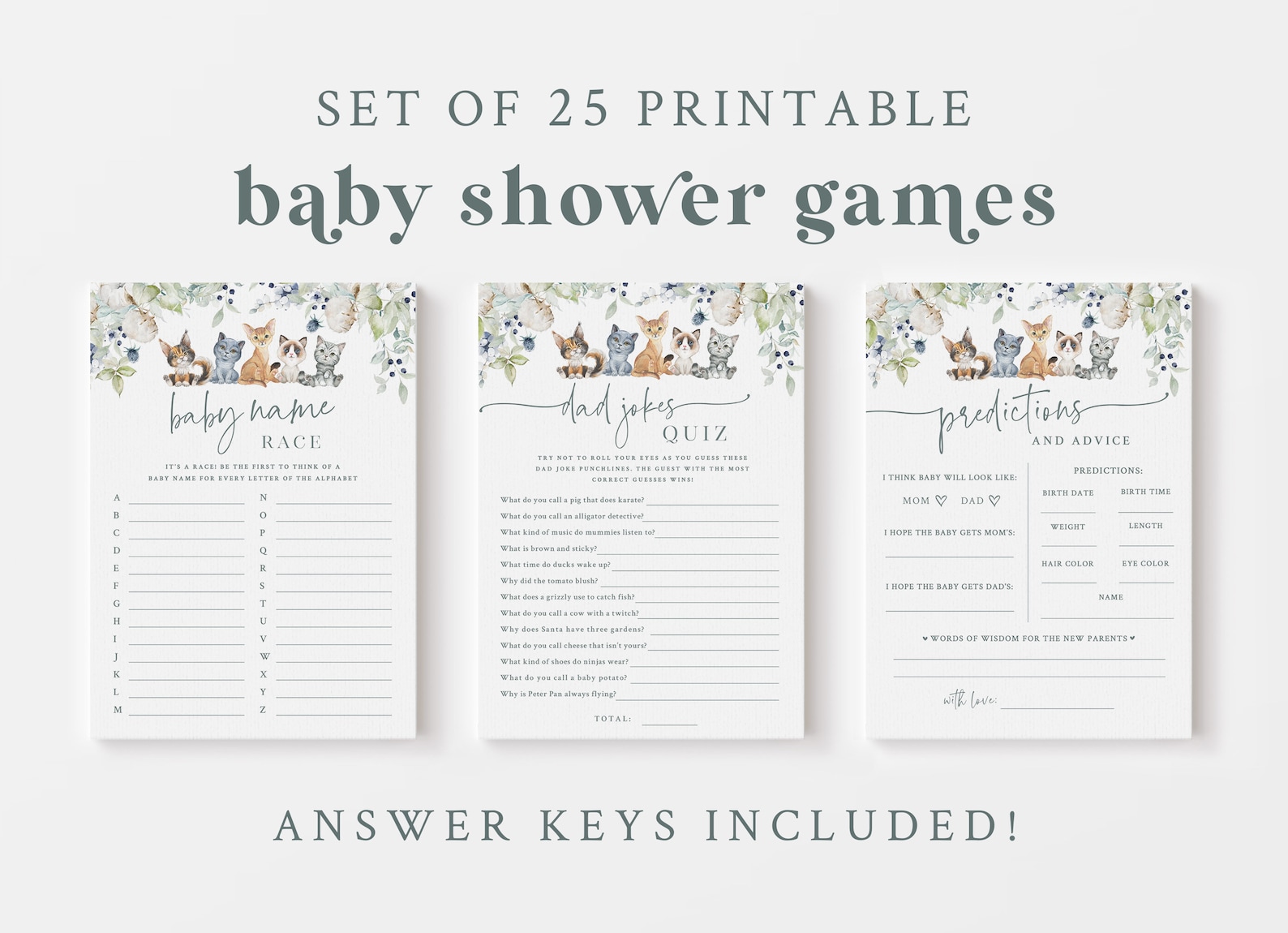 Cat Themed Baby Shower Game Bundle - Set of 25 Printable Games ...