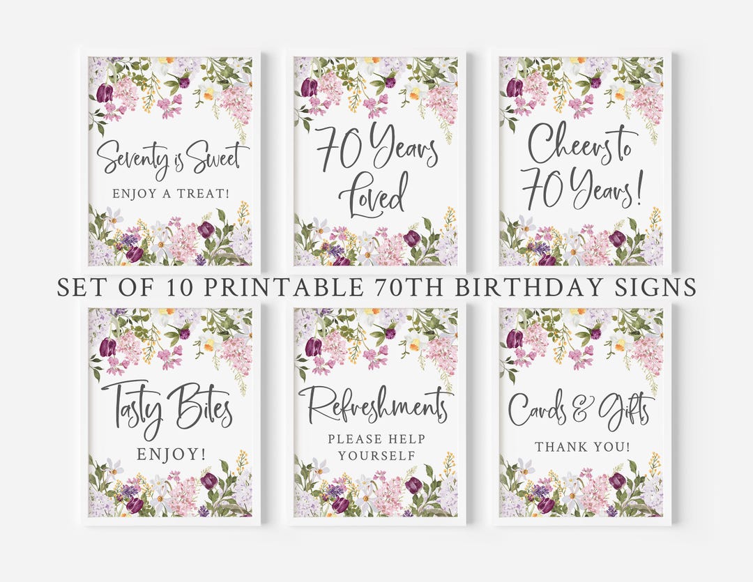 Spring Floral 70th Birthday Celebration - Set of 10 Printable Party ...