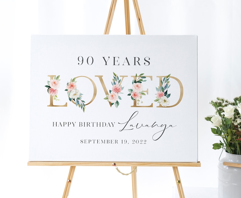90th Birthday Party Welcome Sign Printable - 90 Years Loved - Pink ...