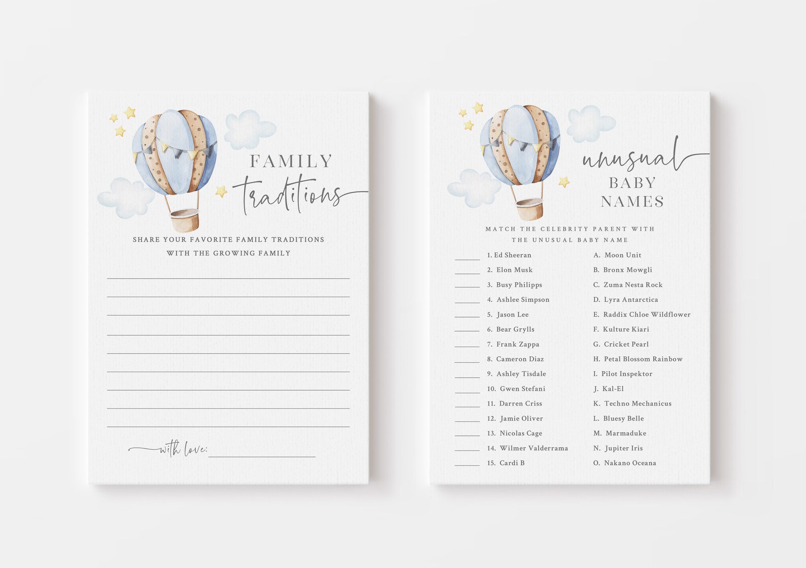 Blue Hot Air Balloon Baby Shower Game Bundle - 25 Printable Games ...