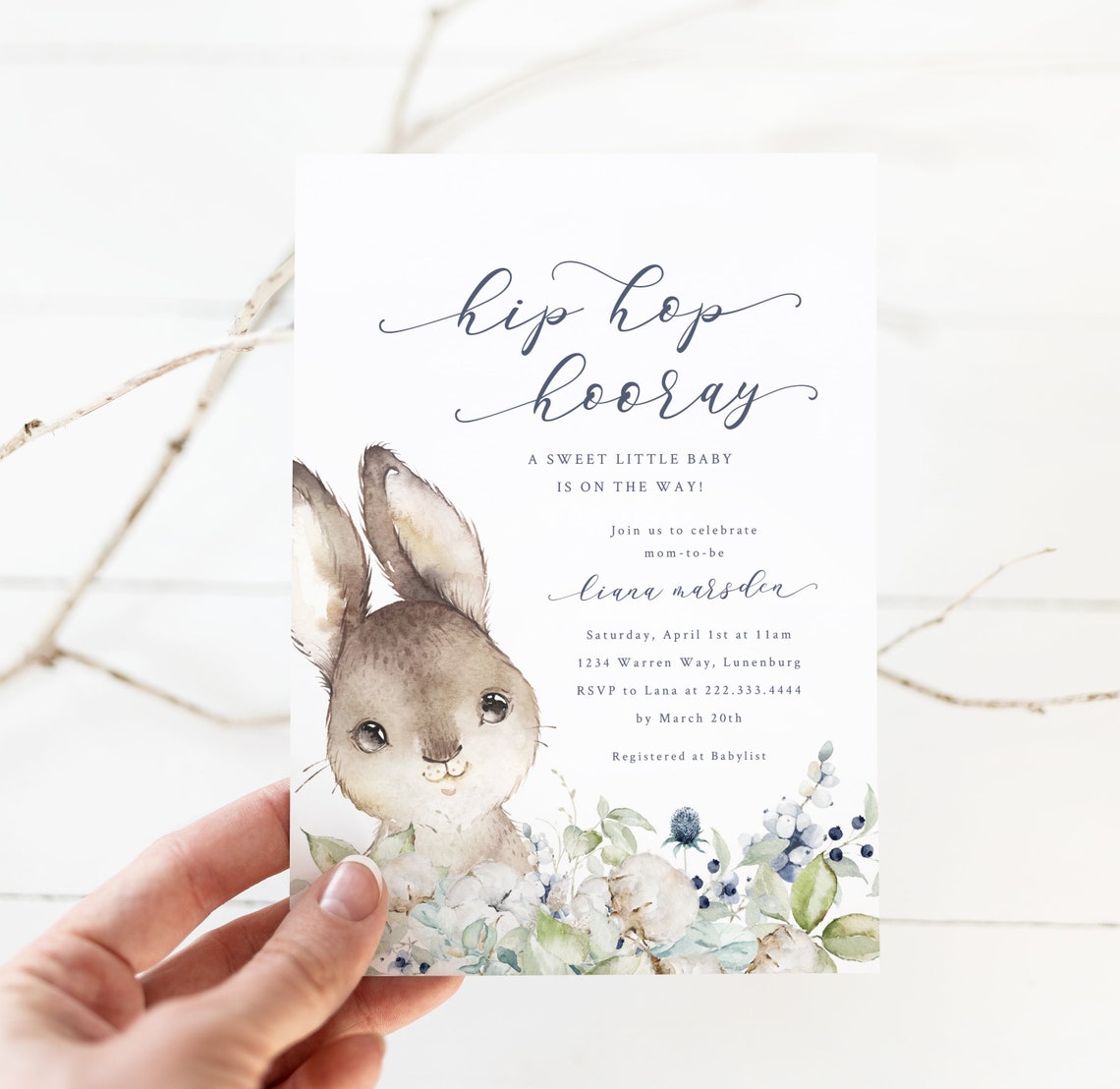 Spring Rabbit Baby Shower Invitation - Boys Bunny Baby Shower Printable ...