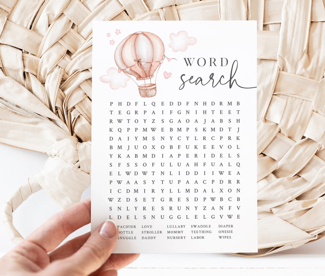 Baby Shower Word Search Game - Hot Air Balloon Themed Baby Shower ...