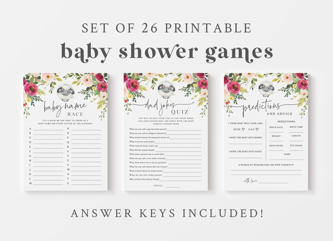 Little Lamb Baby Shower Game Bundle - Pink Floral Farm Baby Shower ...
