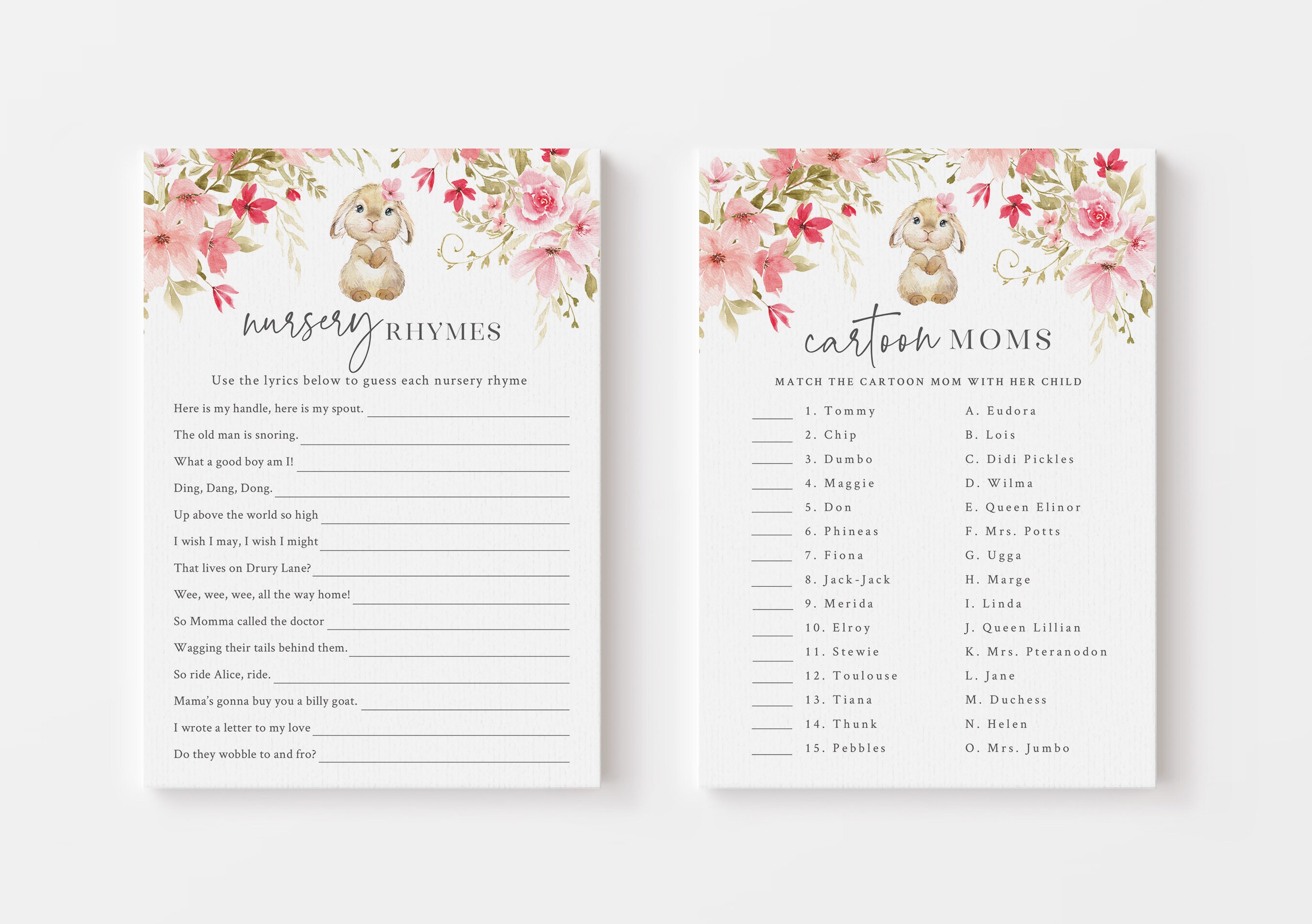 Pink Bunny Rabbit Baby Shower Games - Set of 25 Printable Games ...