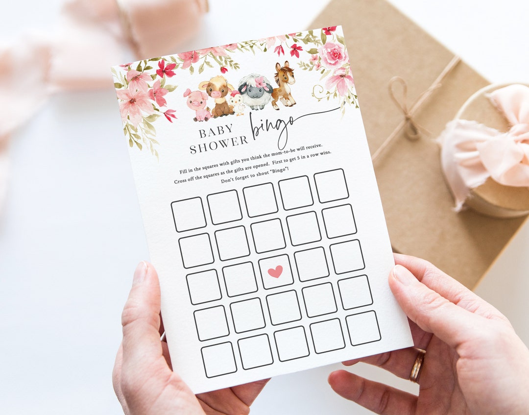 Girl Farm Animals Baby Shower - Baby Bingo Game - Printable 5x7 Bingo ...