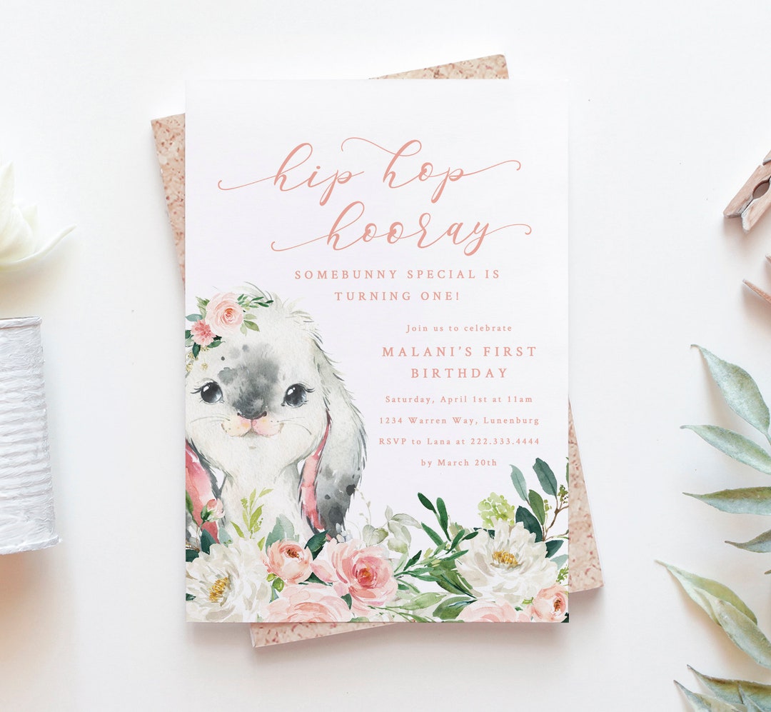 Girls Bunny Themed First Birthday Party Invitation - Printable Bunny ...