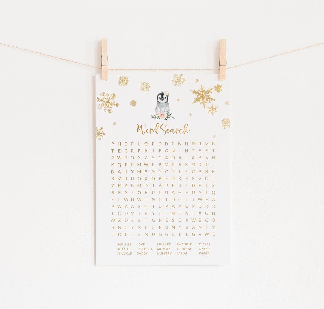 Baby Shower Word Search - Winter Penguin Baby Shower Games - Winter ...