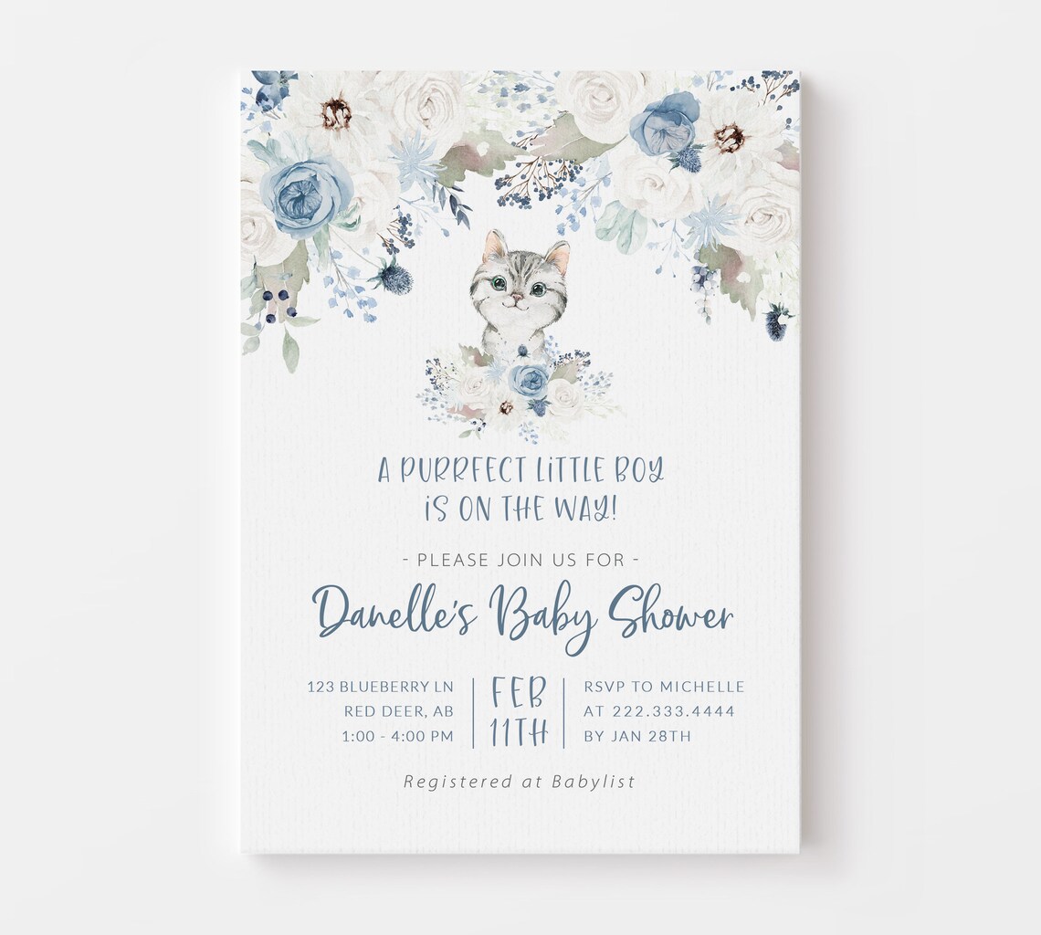Boy Cat Baby Shower Invitation - Printable Cat Themed Invite - Kitten ...