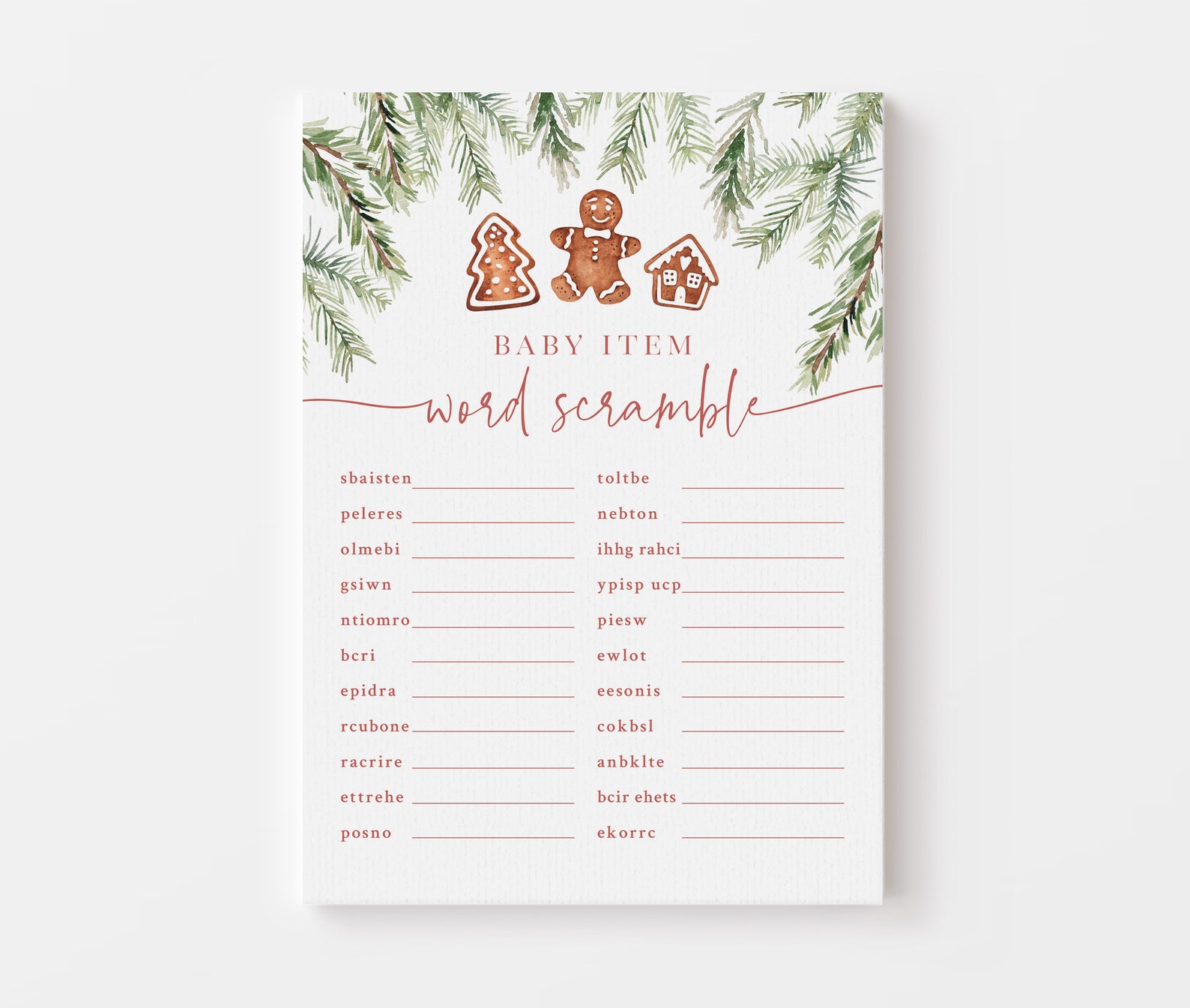 Baby Word Scramble - Gingerbread Man Baby Shower Game - Printable 5x7 ...