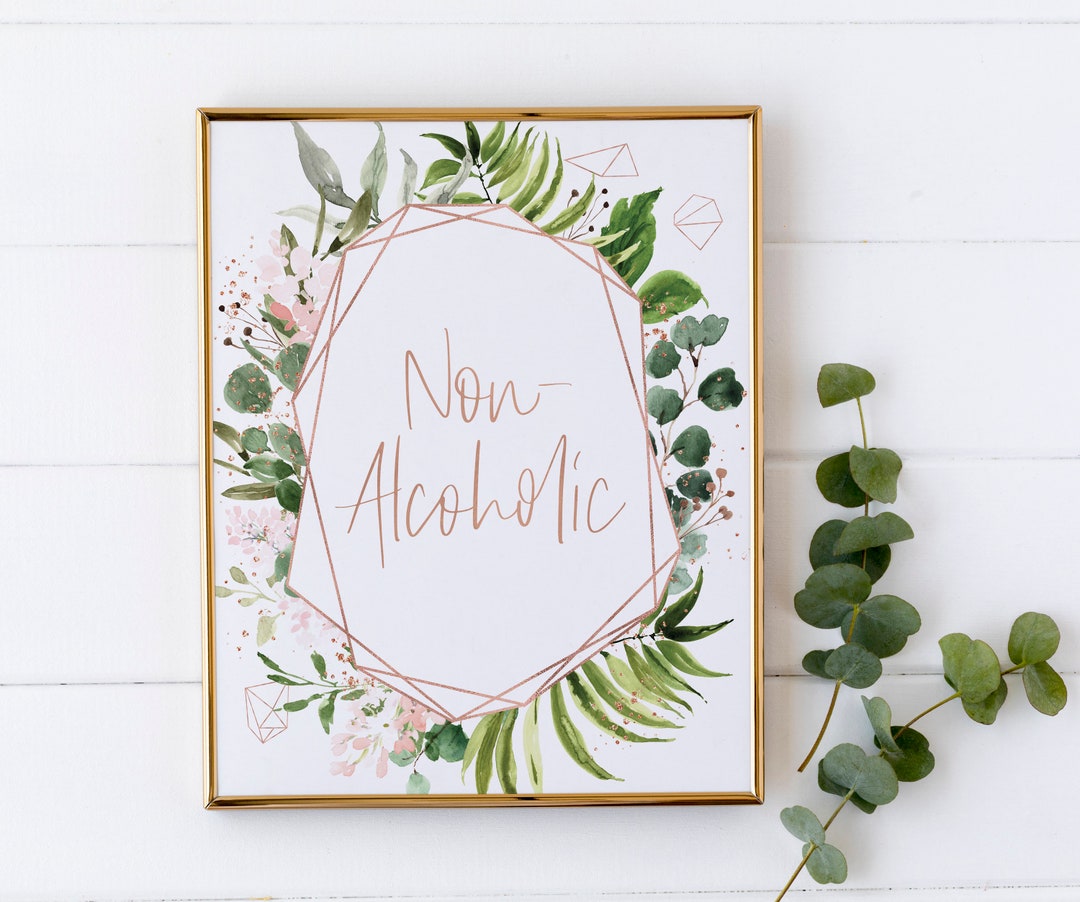 Non-alcoholic Drinks Sign - Tropical Greenery and Rose Gold Party ...