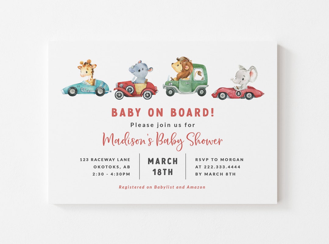 Car Baby Shower Invitation - Printable Baby on Board Invite - Animals ...