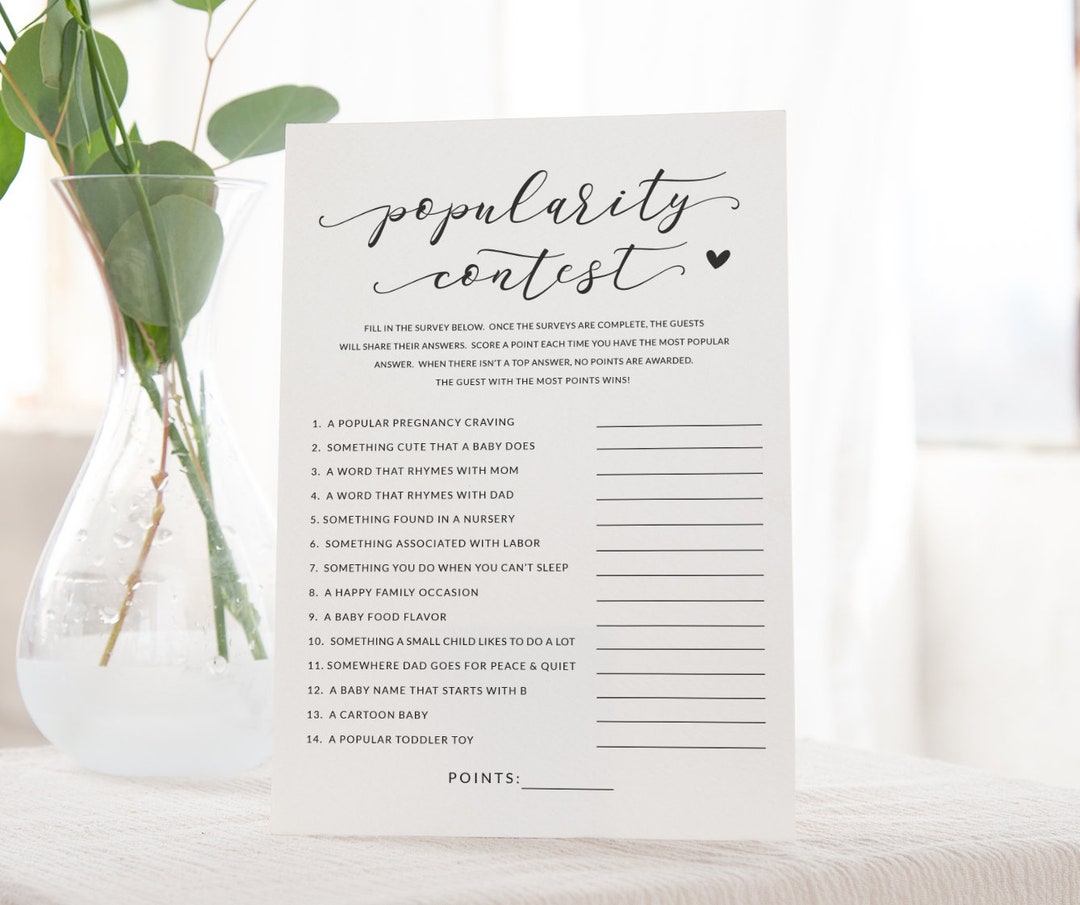 Baby Shower Popular Answer Game - Printable Survey Game - Black and ...