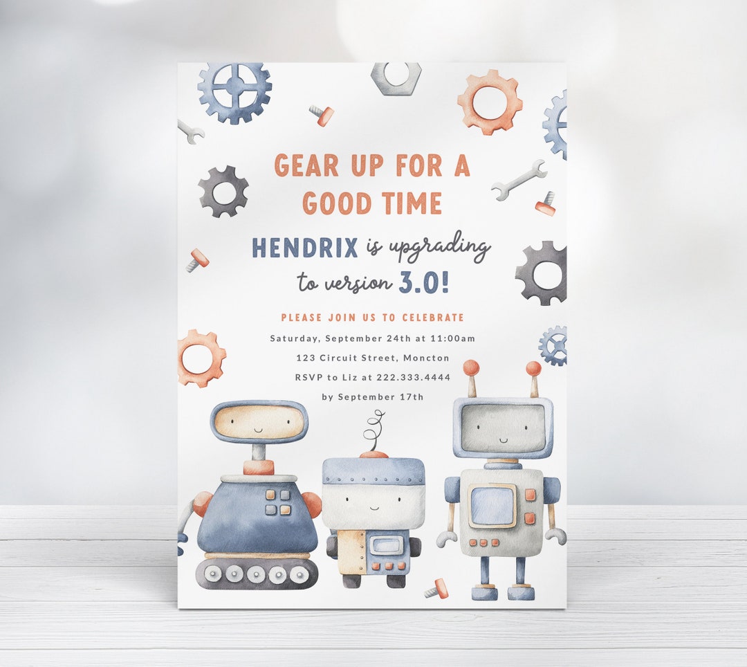 Robot Birthday Party Invitation - Printable Robot Party Invite - Gear ...