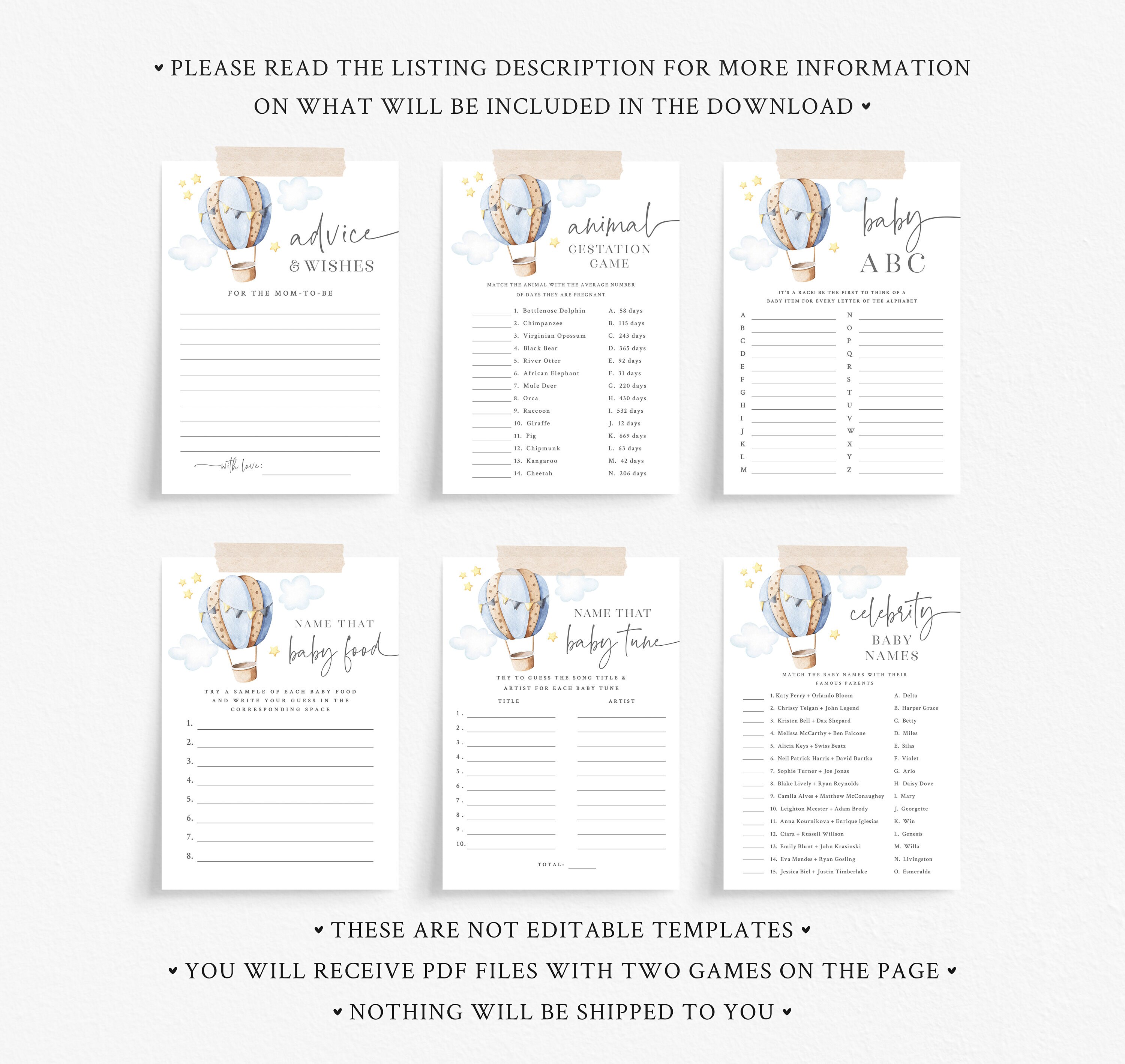 Blue Hot Air Balloon Baby Shower Game Bundle - 25 Printable Games ...