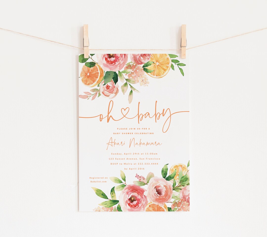 Pink and Orange Baby Shower Invitation - Citrus Themed Baby Shower ...