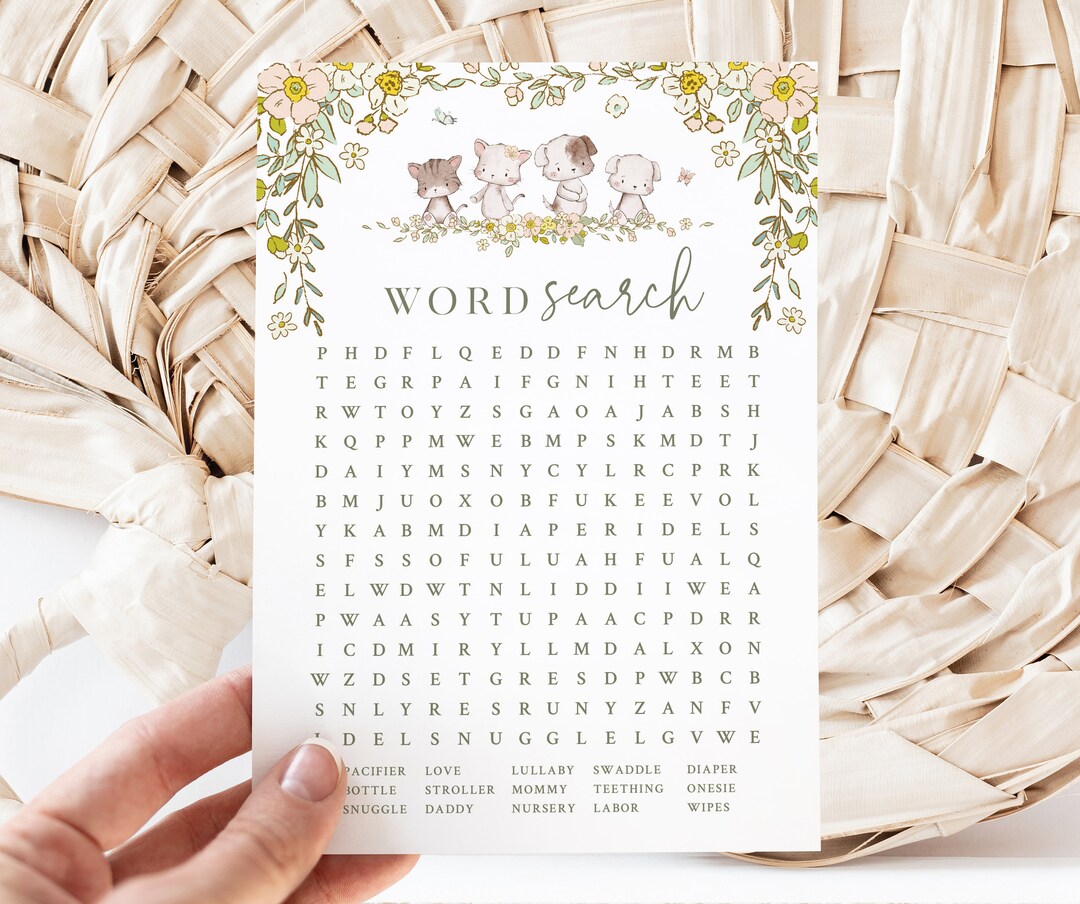Baby Word Search Game - Puppies and Kitties Baby Shower - Printable 5x7 ...