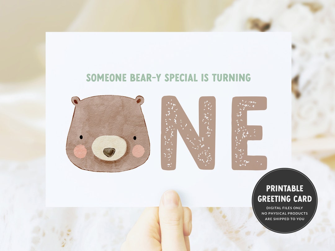 Bear First Birthday Card - Printable 5x7 Card - Boy 1st Birthday Card ...