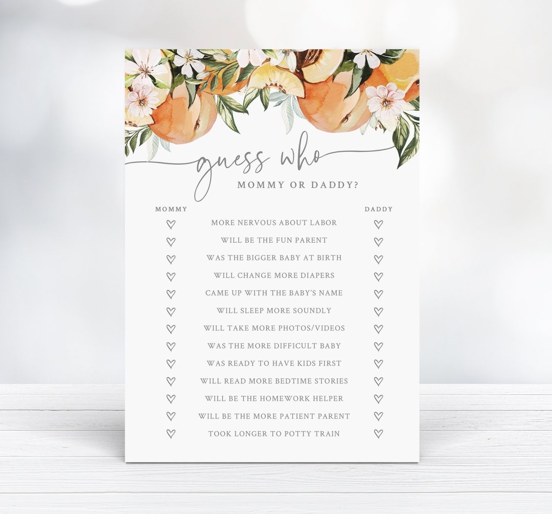 Guess Who: Mommy or Daddy Baby Shower Game - Peach Theme Baby Shower ...