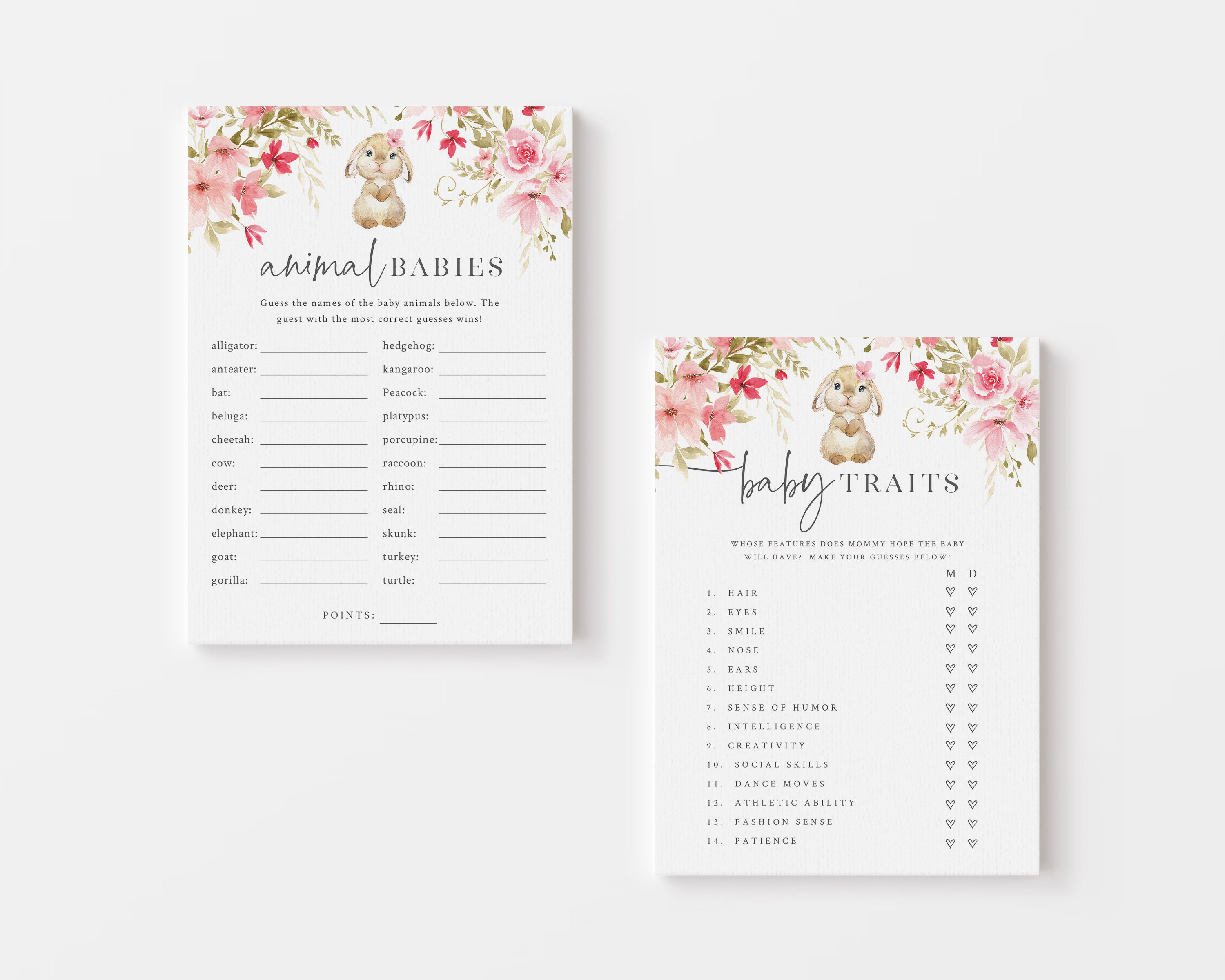 Pink Bunny Rabbit Baby Shower Games - Set of 25 Printable Games ...