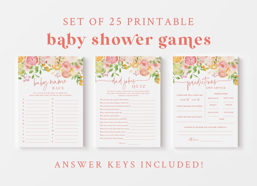 Citrus Baby Shower Game Bundle - Set of 25 Games & Activities - Pink ...