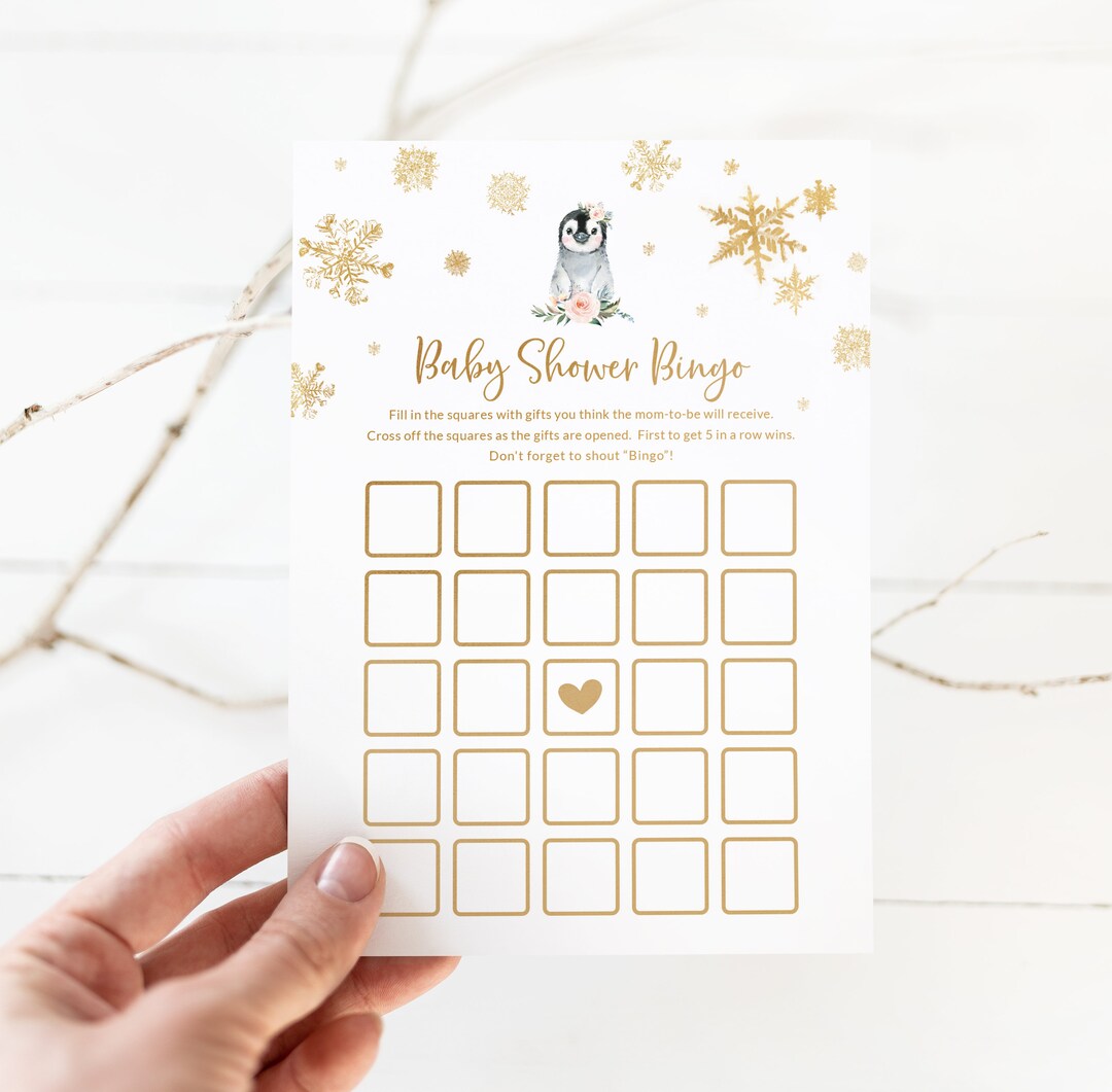 Winter Baby Shower Bingo Card - Gift Bingo Game - Penguin Theme - Girls ...