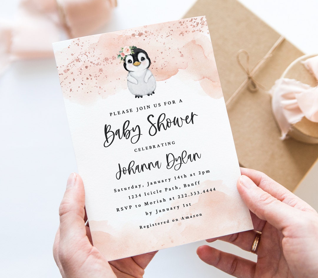 Pink Penguin Baby Shower Invitation - Printable or Digital Invite ...