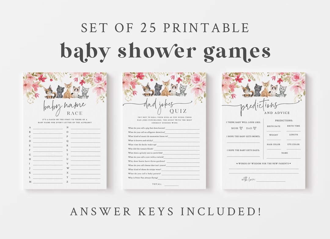 Pink Kitten Baby Shower Game Bundle - Set of 25 Printable Games ...