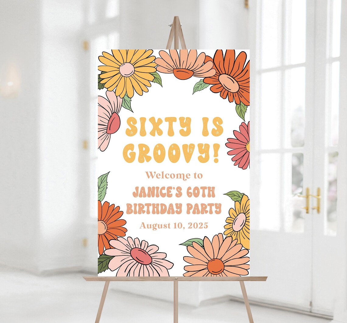 Retro Daisy Birthday Welcome Sign | Any Age | 60s Hippie Birthday Party ...