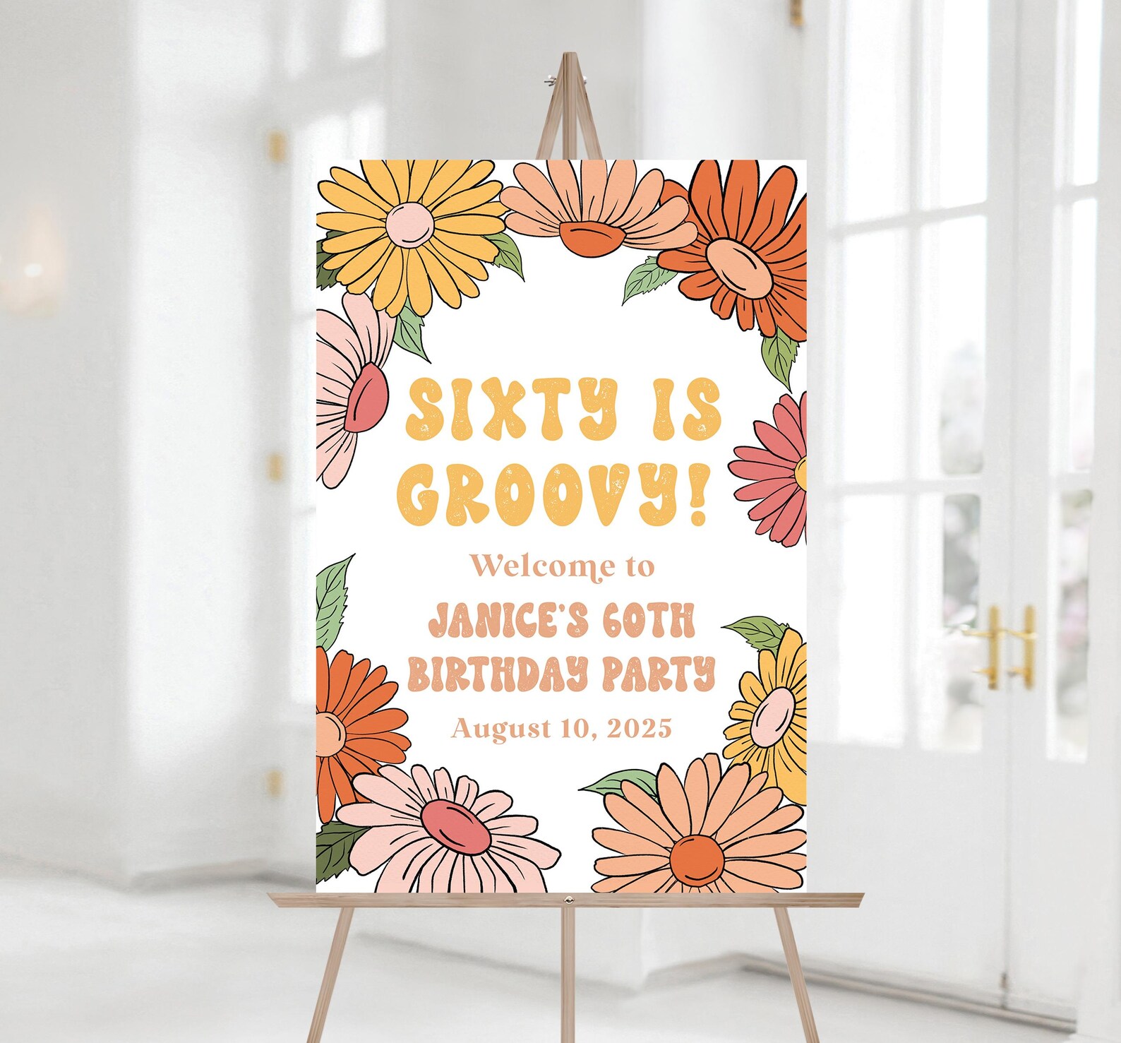 Retro Daisy Birthday Welcome Sign | Any Age | 60s Hippie Birthday Party ...