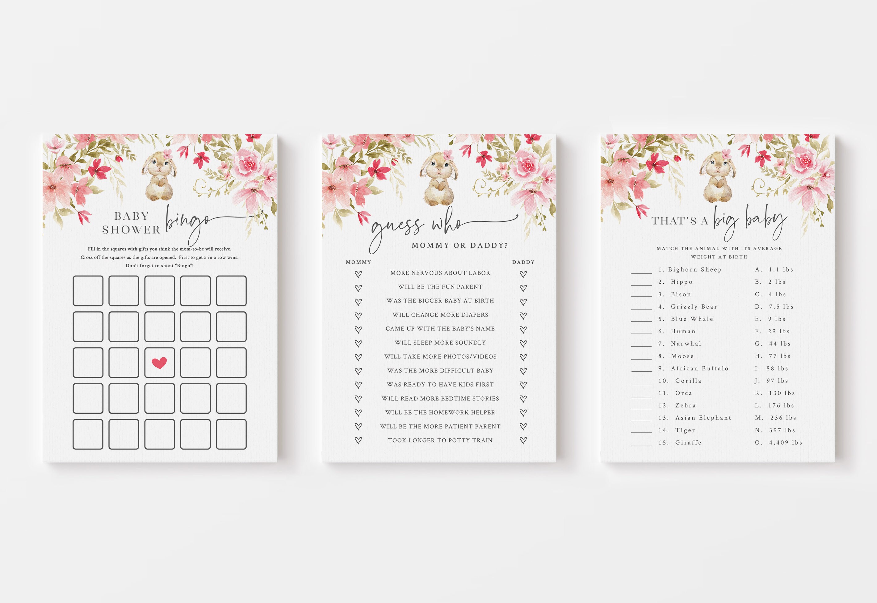 Pink Bunny Rabbit Baby Shower Games - Set of 25 Printable Games ...