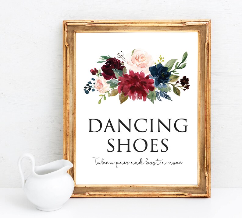Dancing Shoes Sign for Wedding - Burgundy Navy Greenery Wedding Decor ...