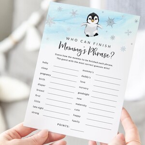 Printable Penguin Baby Shower Game - Who Can Finish Mommy's Phrase ...