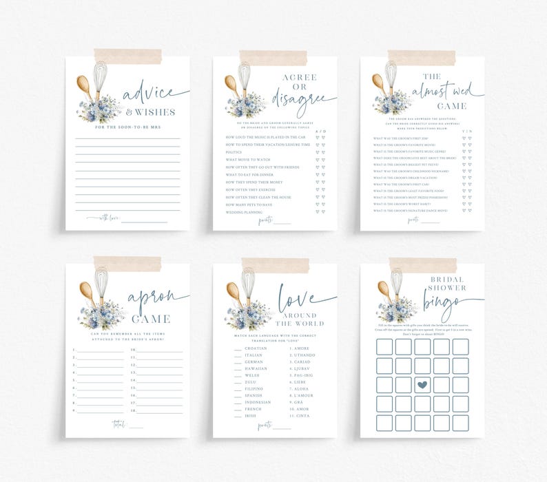 Blue Whisked Away Bridal Shower Game Bundle | Printable Kitchen Themed ...