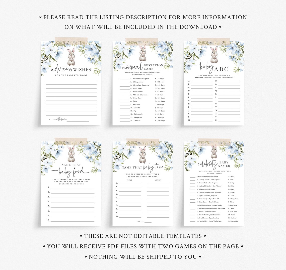 Boy Bunny Baby Shower Game Bundle - Set of 25 Printable Games ...