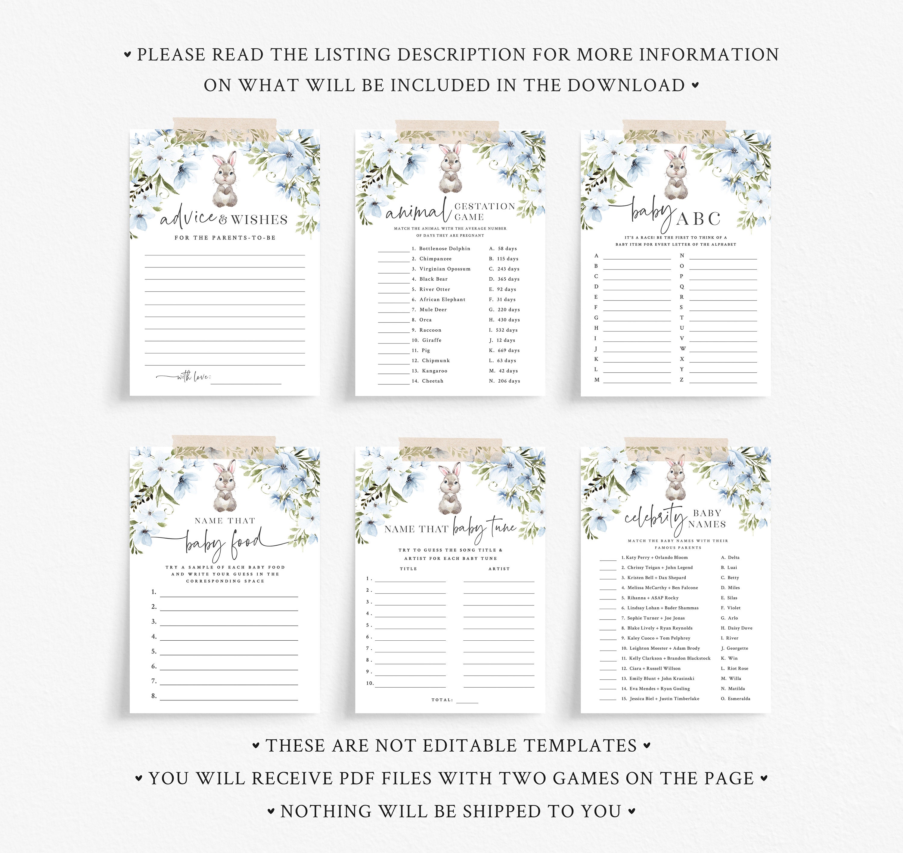 Boy Bunny Baby Shower Game Bundle - Set of 25 Printable Games ...