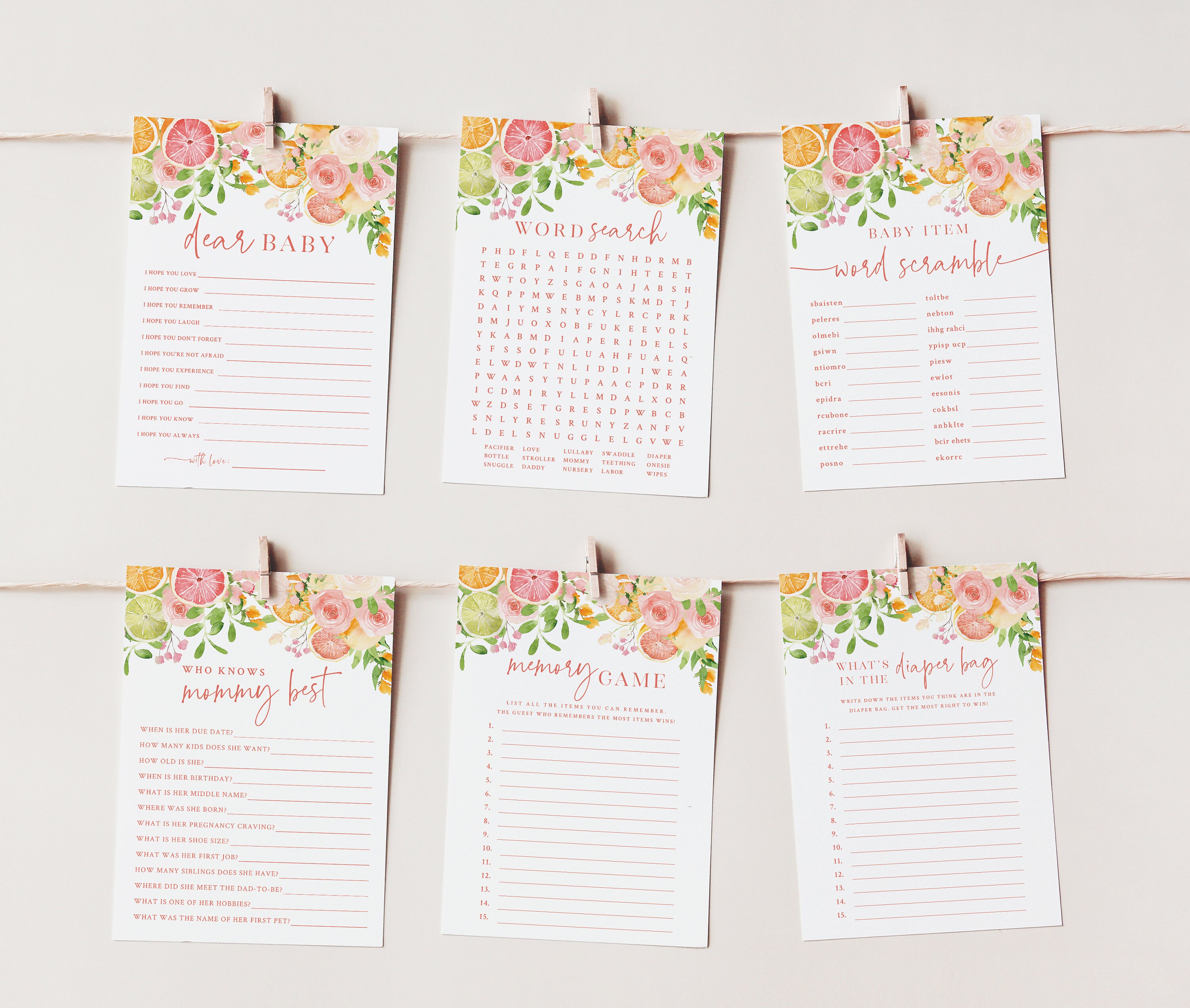 Citrus Baby Shower Game Bundle - Set of 25 Games & Activities - Pink ...