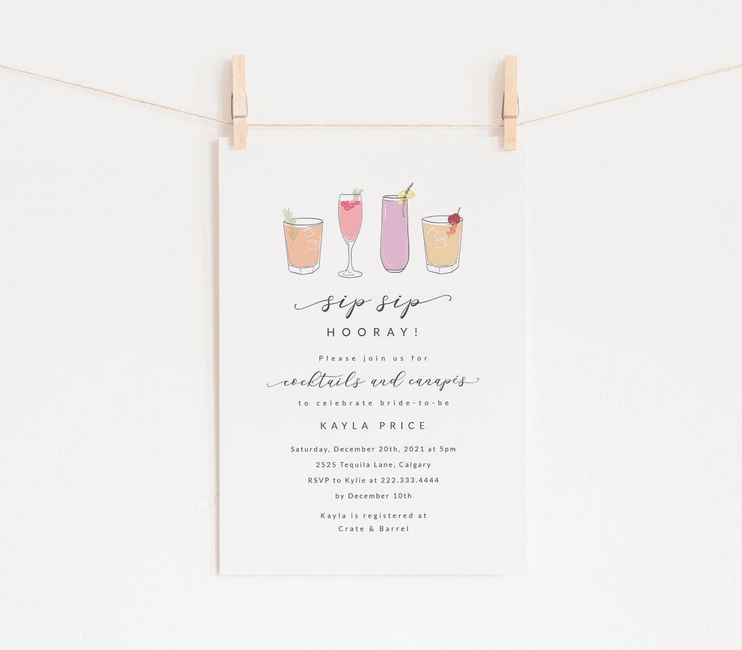 Bridal Shower Cocktail Party Invite - Sip Sip Hooray Invitation ...