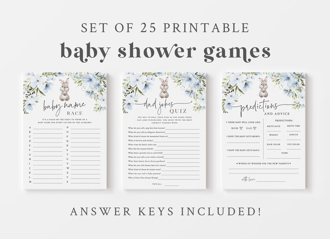 Boy Bunny Baby Shower Game Bundle - Set of 25 Printable Games ...