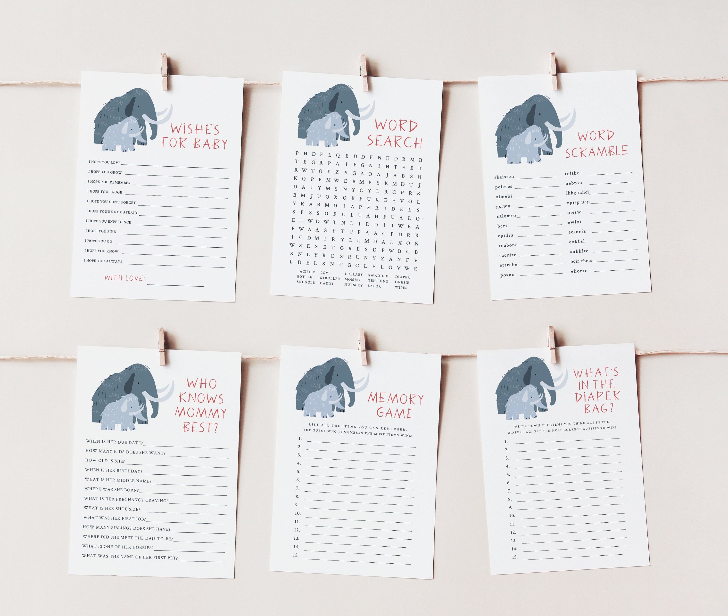 Woolly Mammoth Baby Shower Game Bundle - 20 Printable 5x7 Games ...