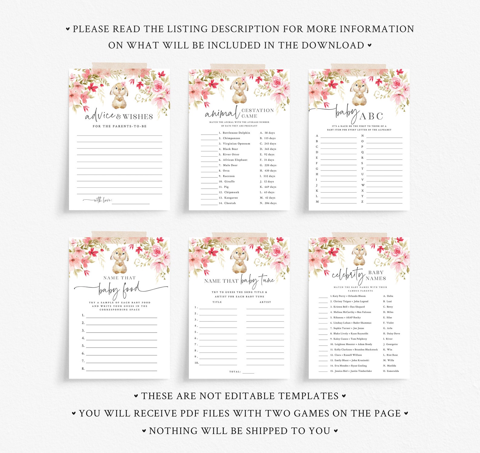 Pink Bunny Rabbit Baby Shower Games - Set of 25 Printable Games ...