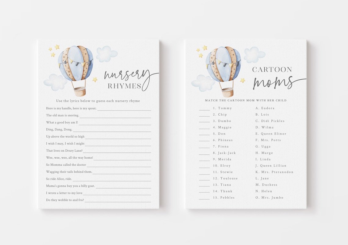 Blue Hot Air Balloon Baby Shower Game Bundle - 25 Printable Games ...