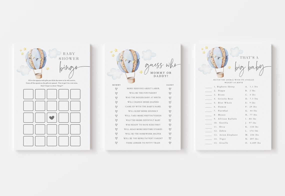 Blue Hot Air Balloon Baby Shower Game Bundle - 25 Printable Games ...