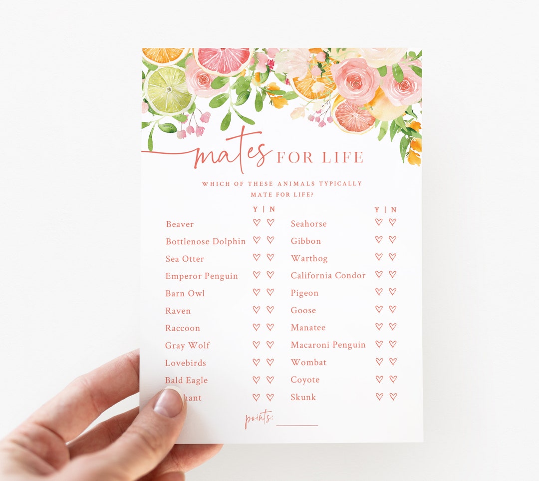 Citrus Wedding Shower Trivia Game - Printable Mates for Life Animal ...