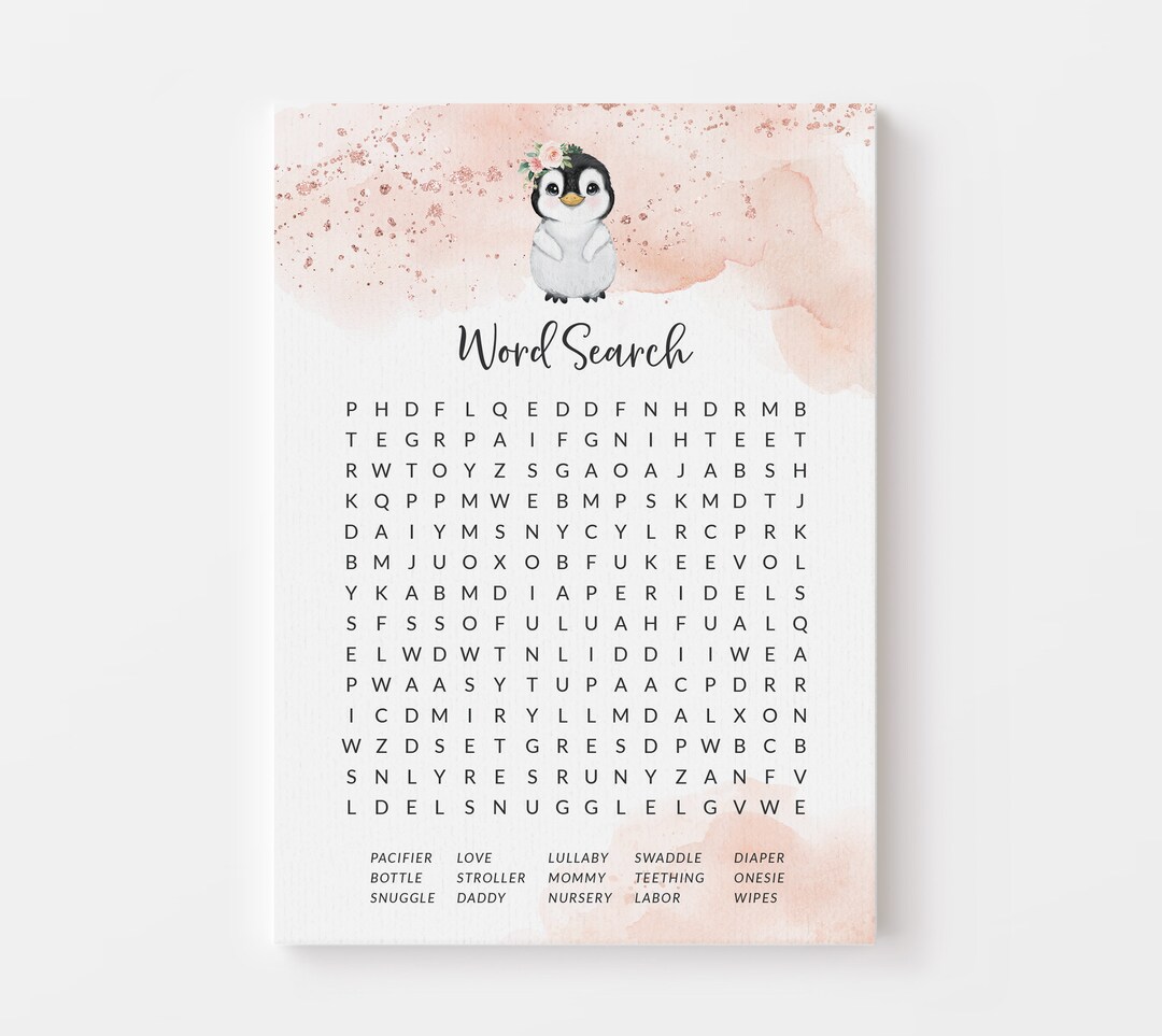 Baby Word Search Game - Printable Pink Penguin Baby Shower Game ...