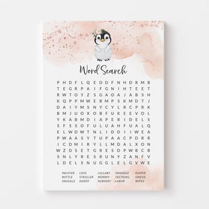 Baby Word Search Game - Printable Pink Penguin Baby Shower Game ...