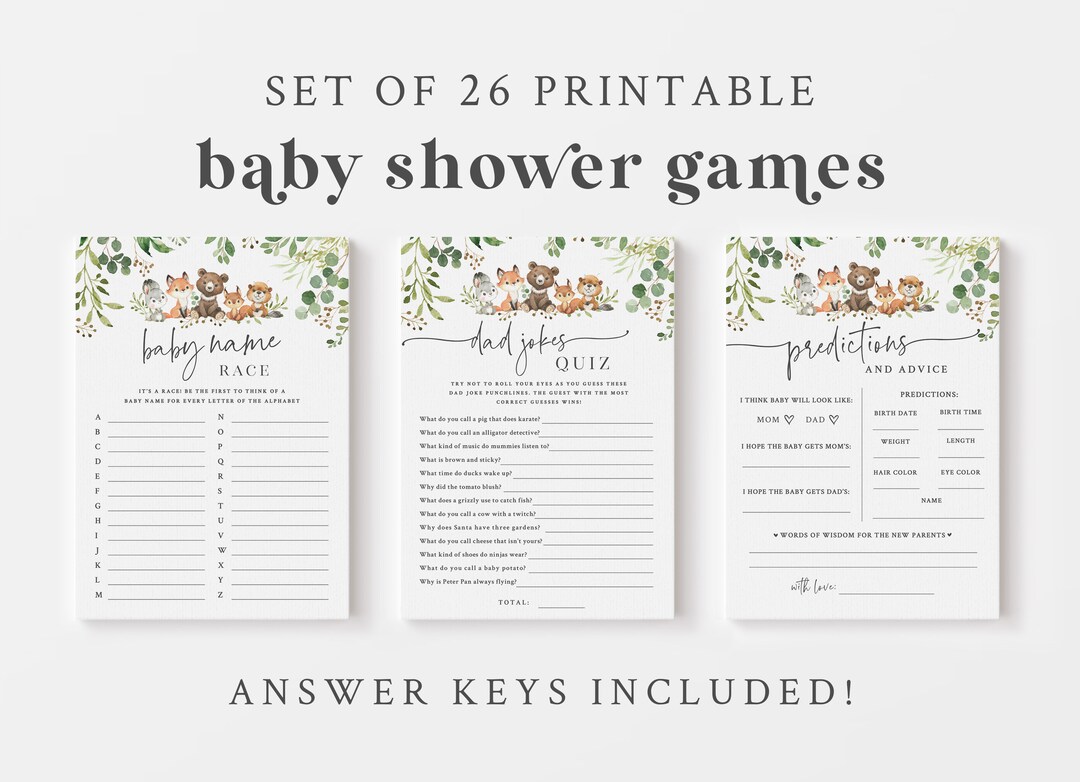 Woodland Animals Baby Shower Game Bundle - Forest Animals Baby Game ...