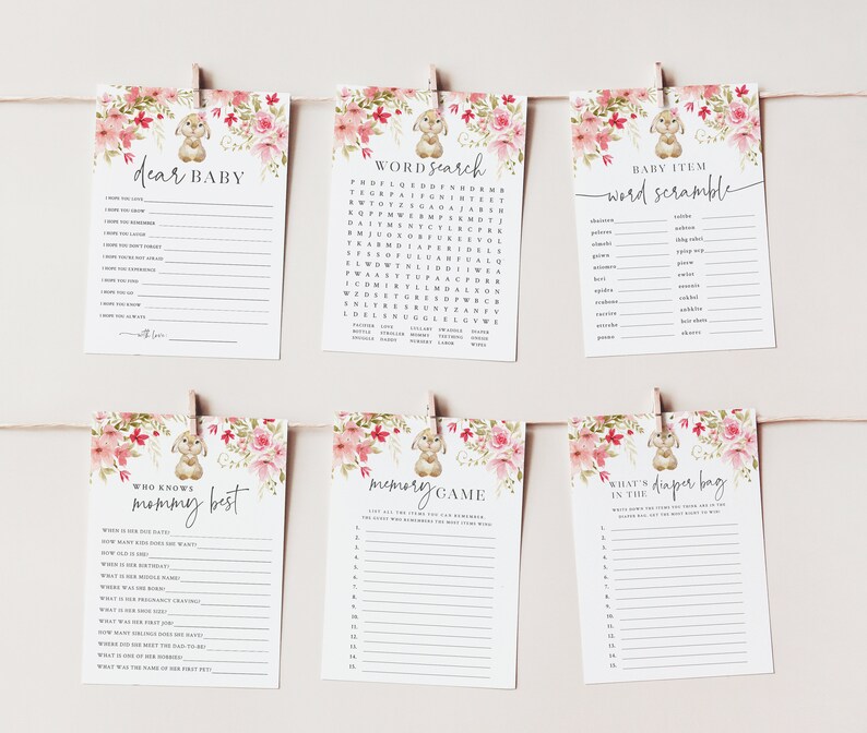 Pink Bunny Rabbit Baby Shower Games - Set of 25 Printable Games ...