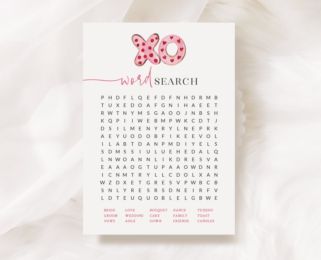 Valentine's Bridal Shower Word Search - Printable 5x7 Game - XO Bridal ...